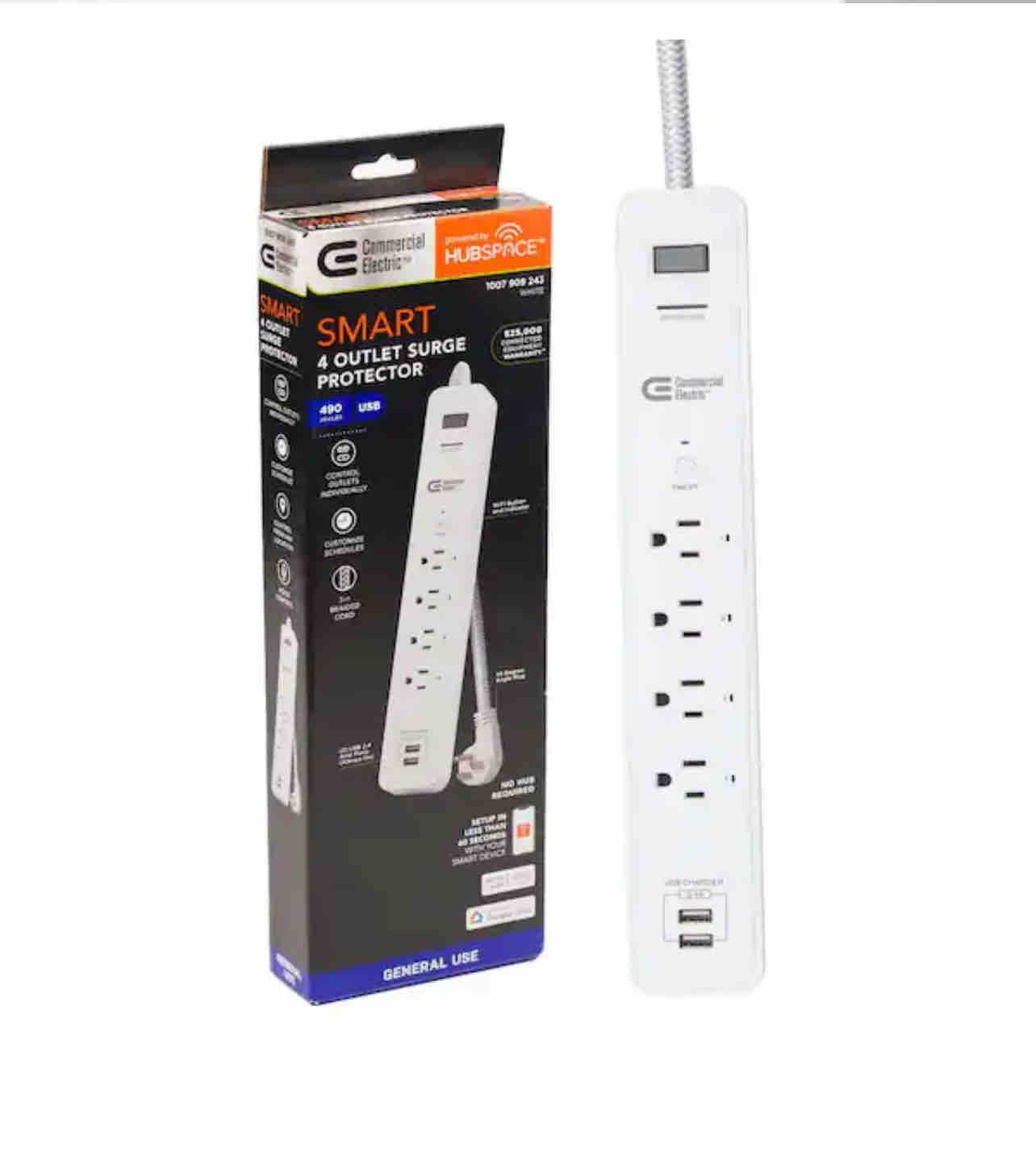Commercial Electric 3 ft. 4-Outlet White Surge Protector Smart with USB ...